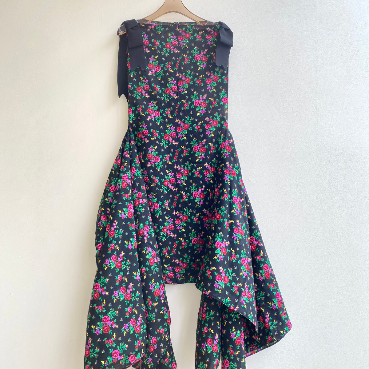 Zero Waste Black & Floral Print Dress w/ Black Bow Accent – Made X Hudson