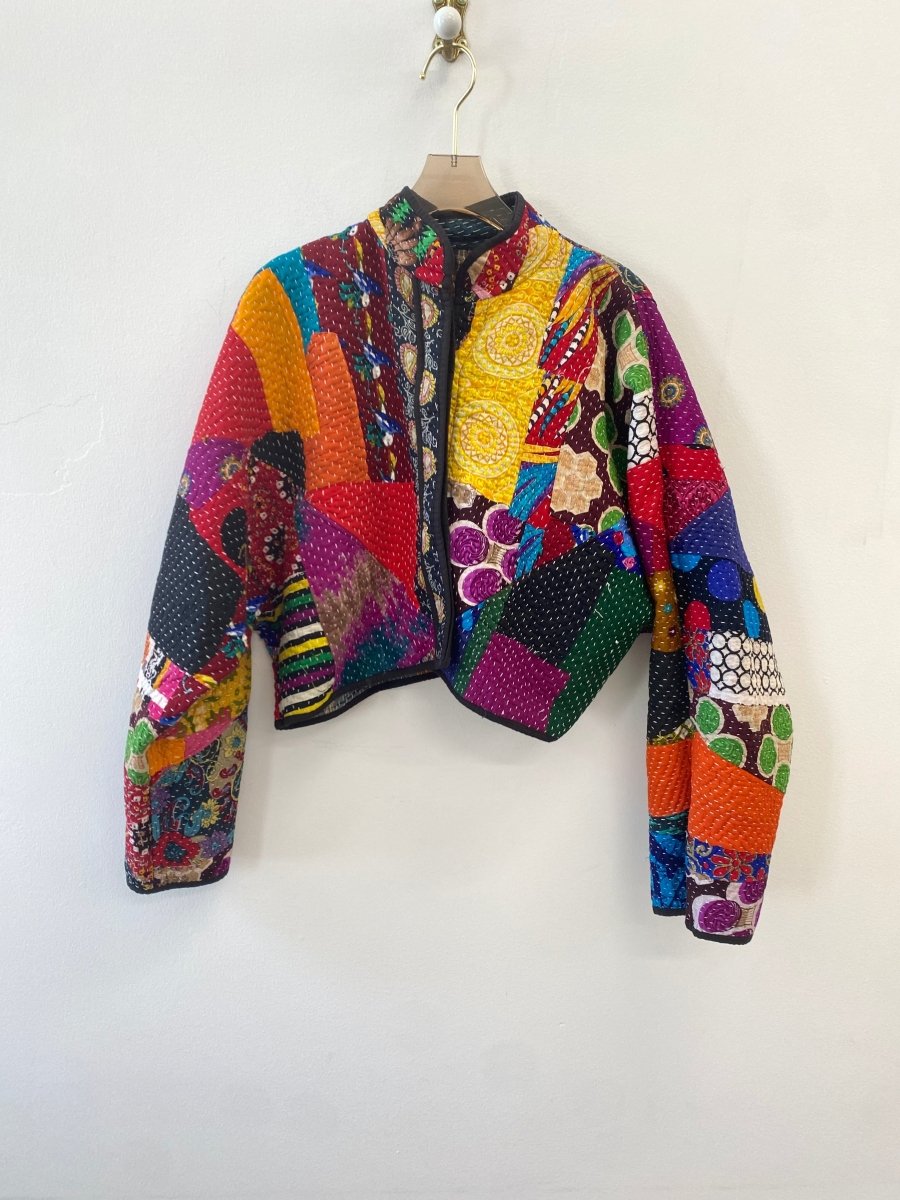 Reversible Kaira Quilted Cropped Jacket in Multi-Color Patchwork & Tea ...