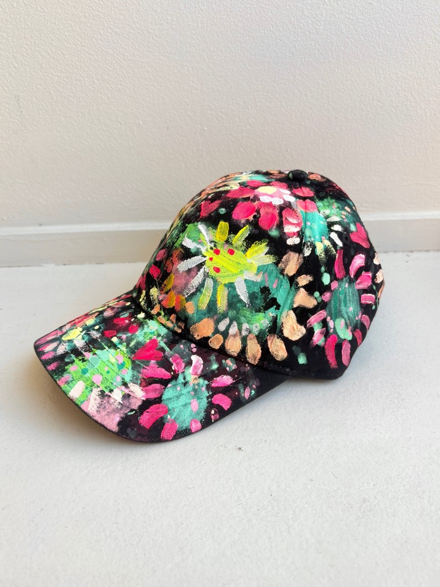 Black Hand Painted Neon Multi Color Flowers Baseball Cap – Made X Hudson